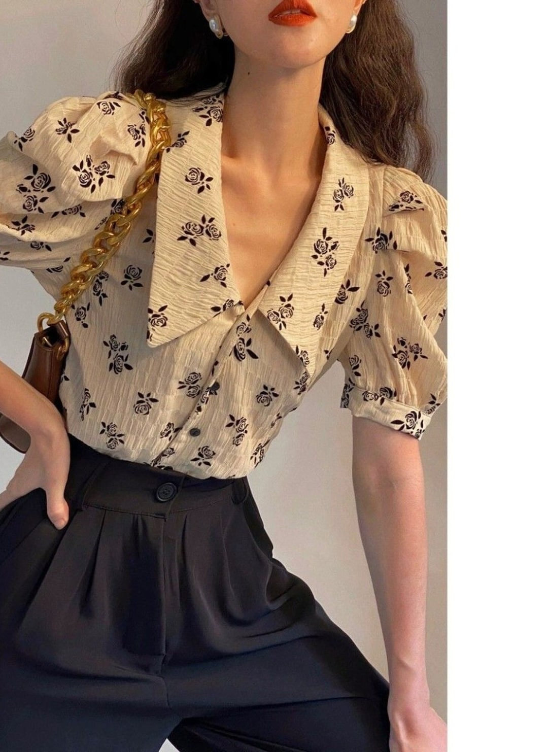 Puff Sleeve Vintage Floral Peter Pan Collar Crop Blouse 60s Style Victorian Shirt French Elegant ...