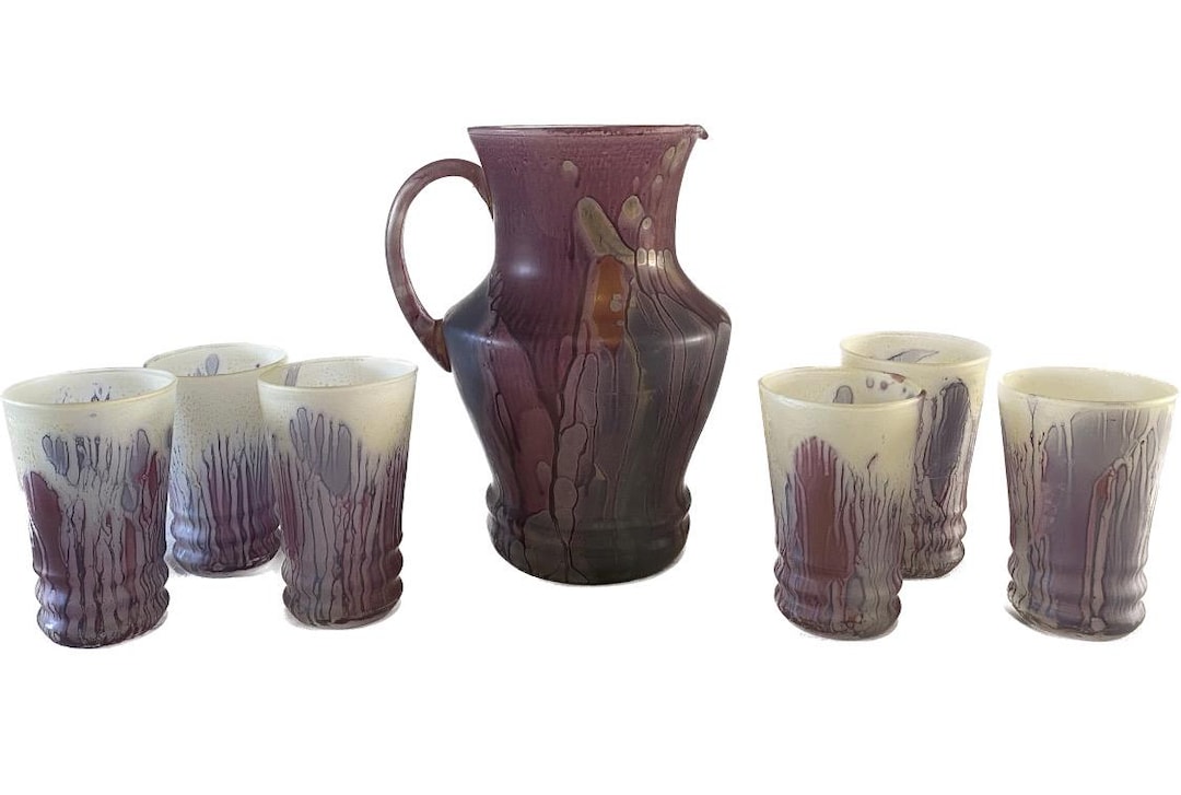 Art Nouveau Hand Blown Multi Color Pitcher Vintage Frosted Glass Jug ...