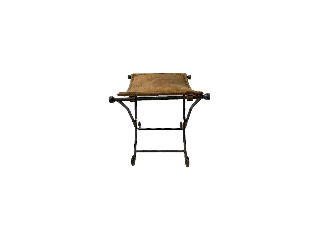 Brutalist Wrought Iron Stool Italian Leather Stool Living Room Stool ...