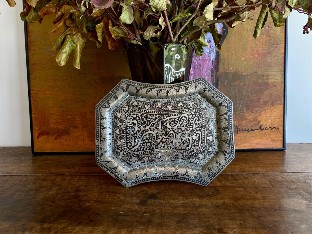 Antique Persian Silver Inlaid Octagonal Metal Tray. Hand Chased Islamic ...