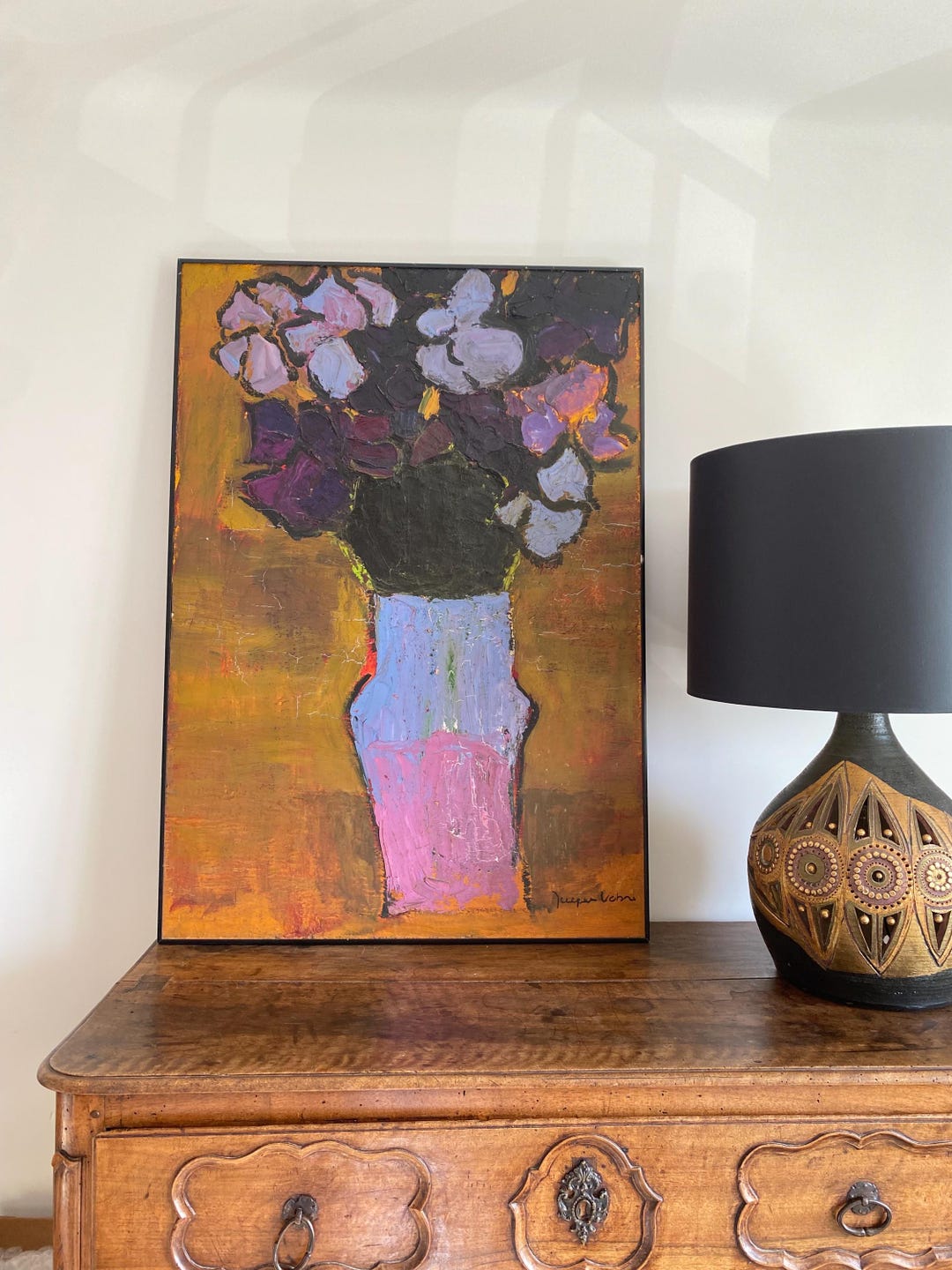 Vintage Oil Painting of Violet and Purple Flowers on Canvas. Signed ...