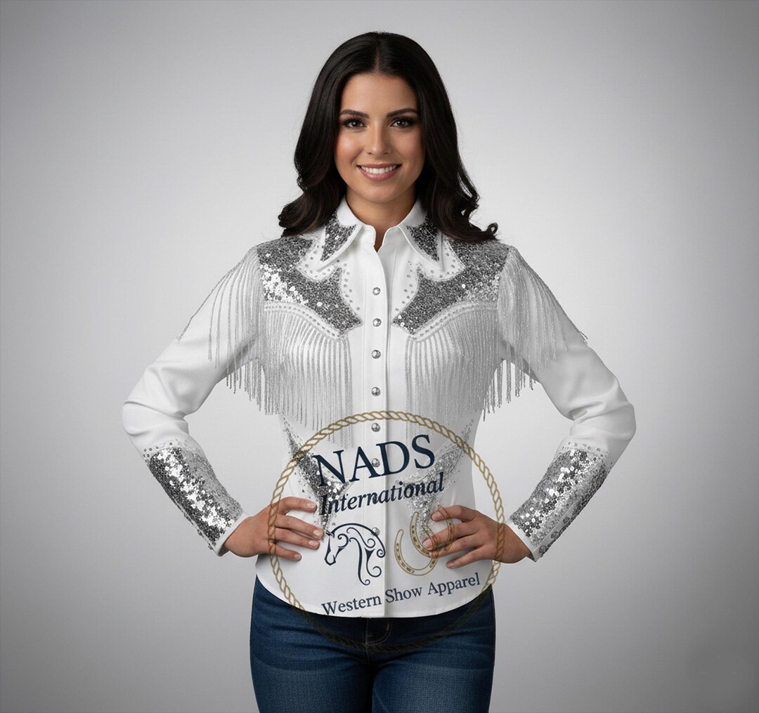 White Western Show Shirt: Silver Sequin Fringe, Equestrian Blouse - Etsy