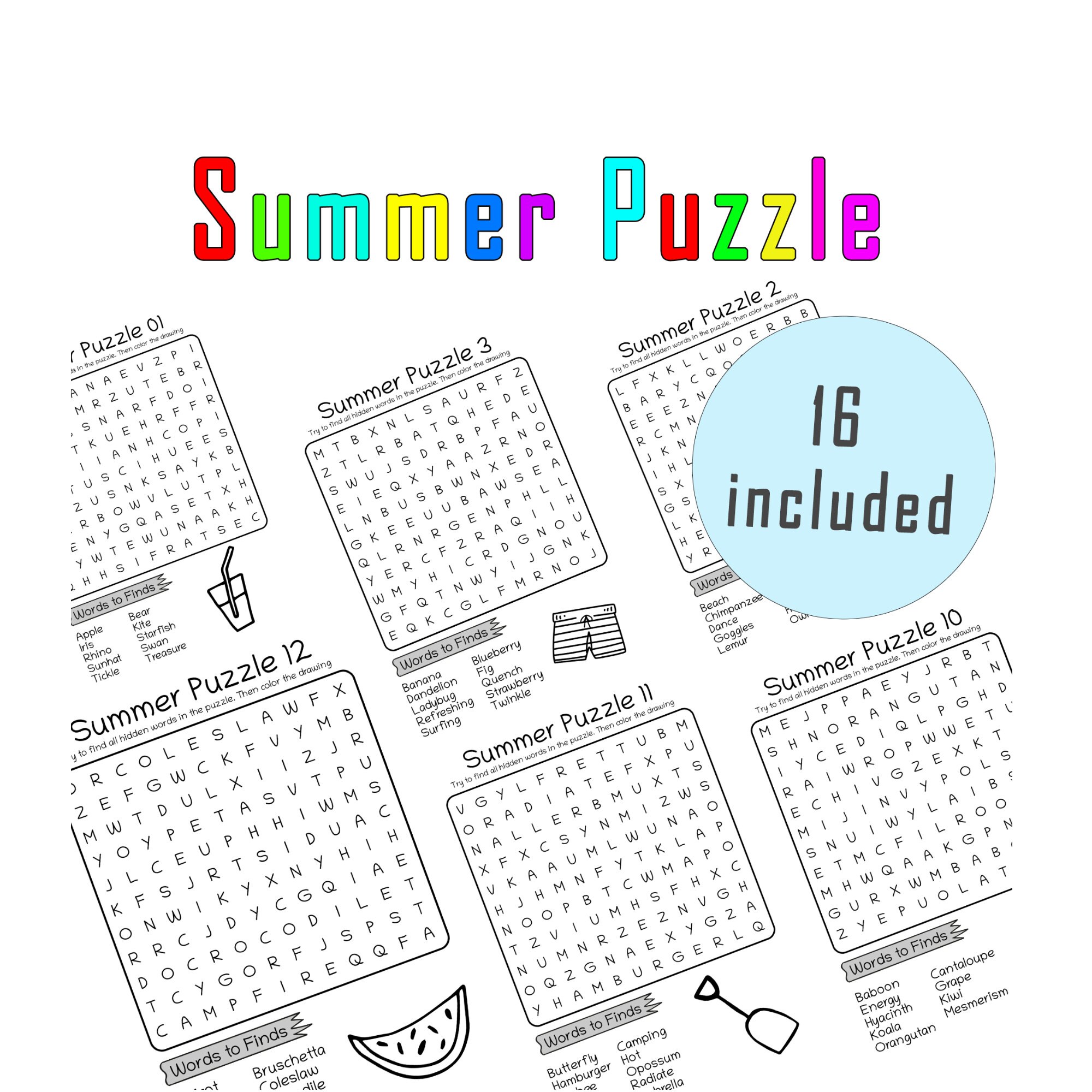 Summer Printable Activities Pdf , 16 Pieces Summer Puzzle , Childrens ...