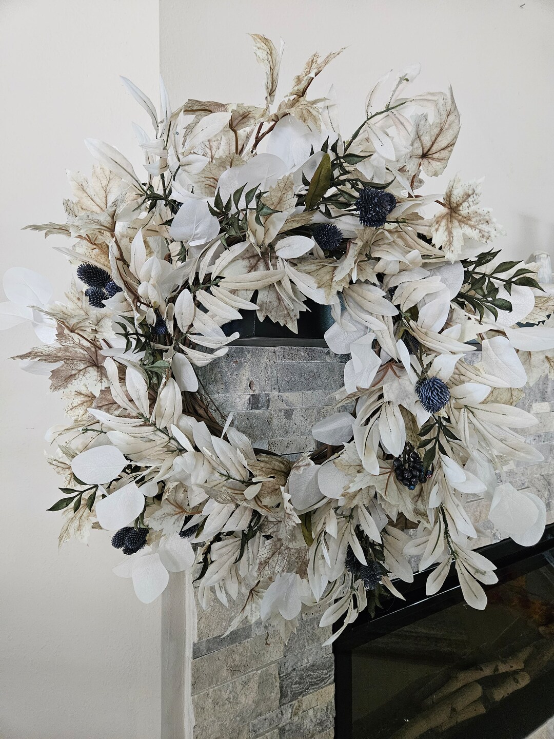 Boho Neutral Wreath for Front Door, Beige and Cream Wreath With Blue ...