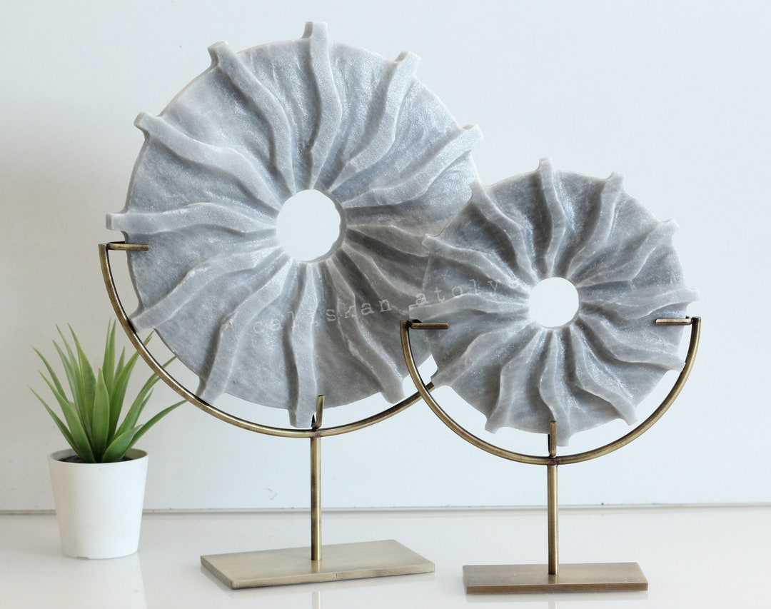 Marble Disc With Antique Metal Stand, Raw Living Room Center Piece ...