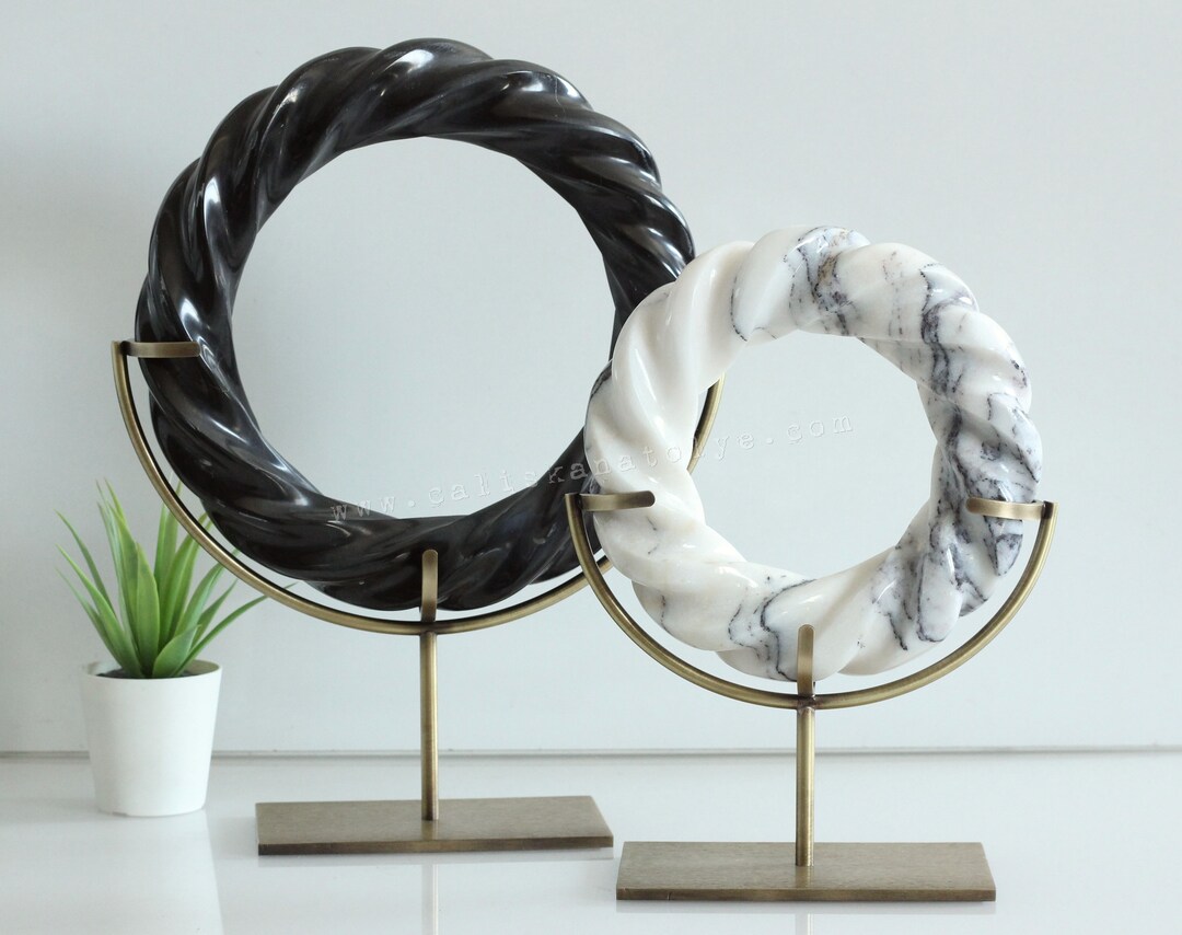 Twisted Marble Ring Sculpture With Antique Metal Stand, Contemporary ...