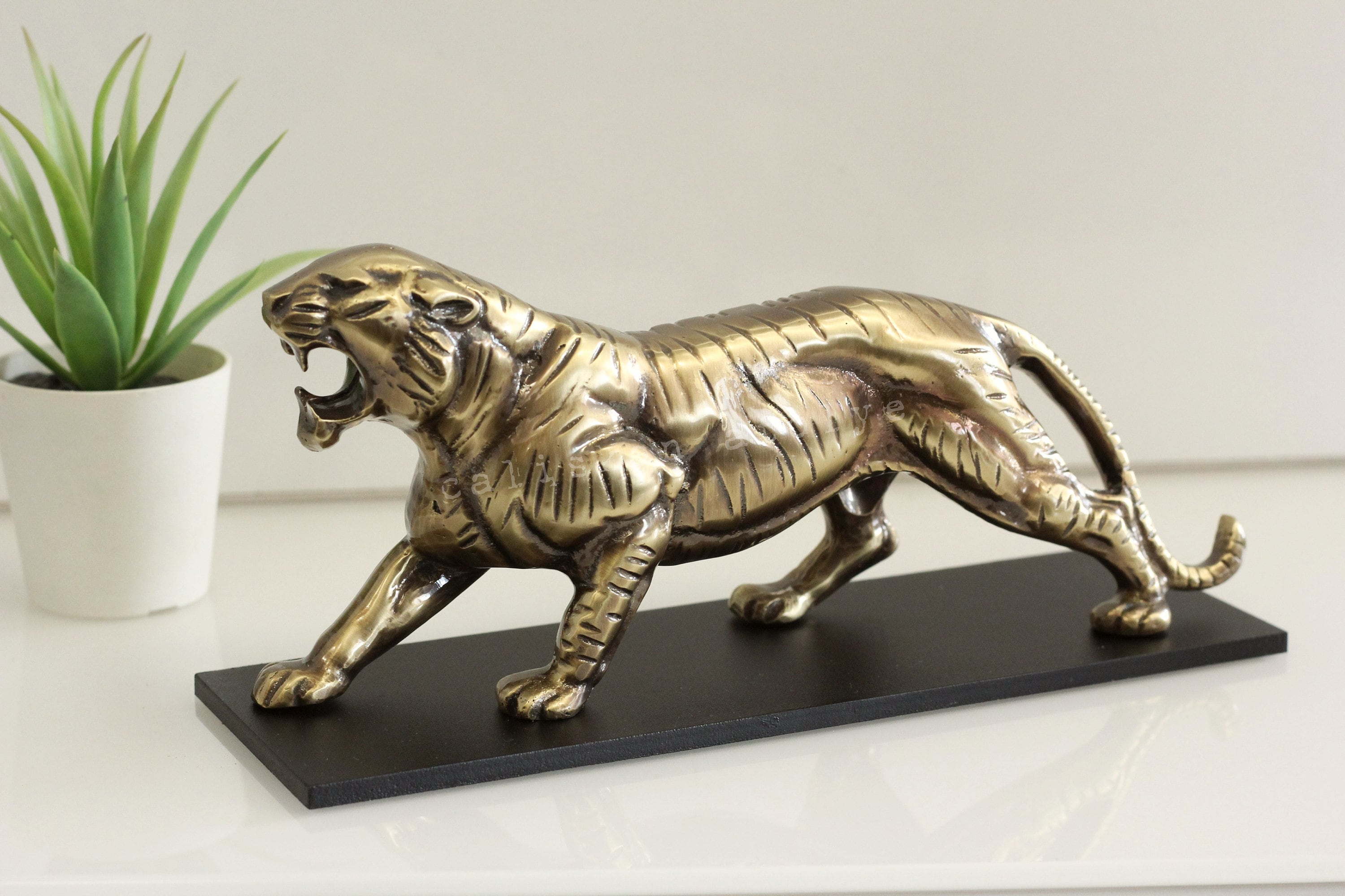 Brass Tiger Statue With Black Metal Stand, Metal Table Decor,bold ...