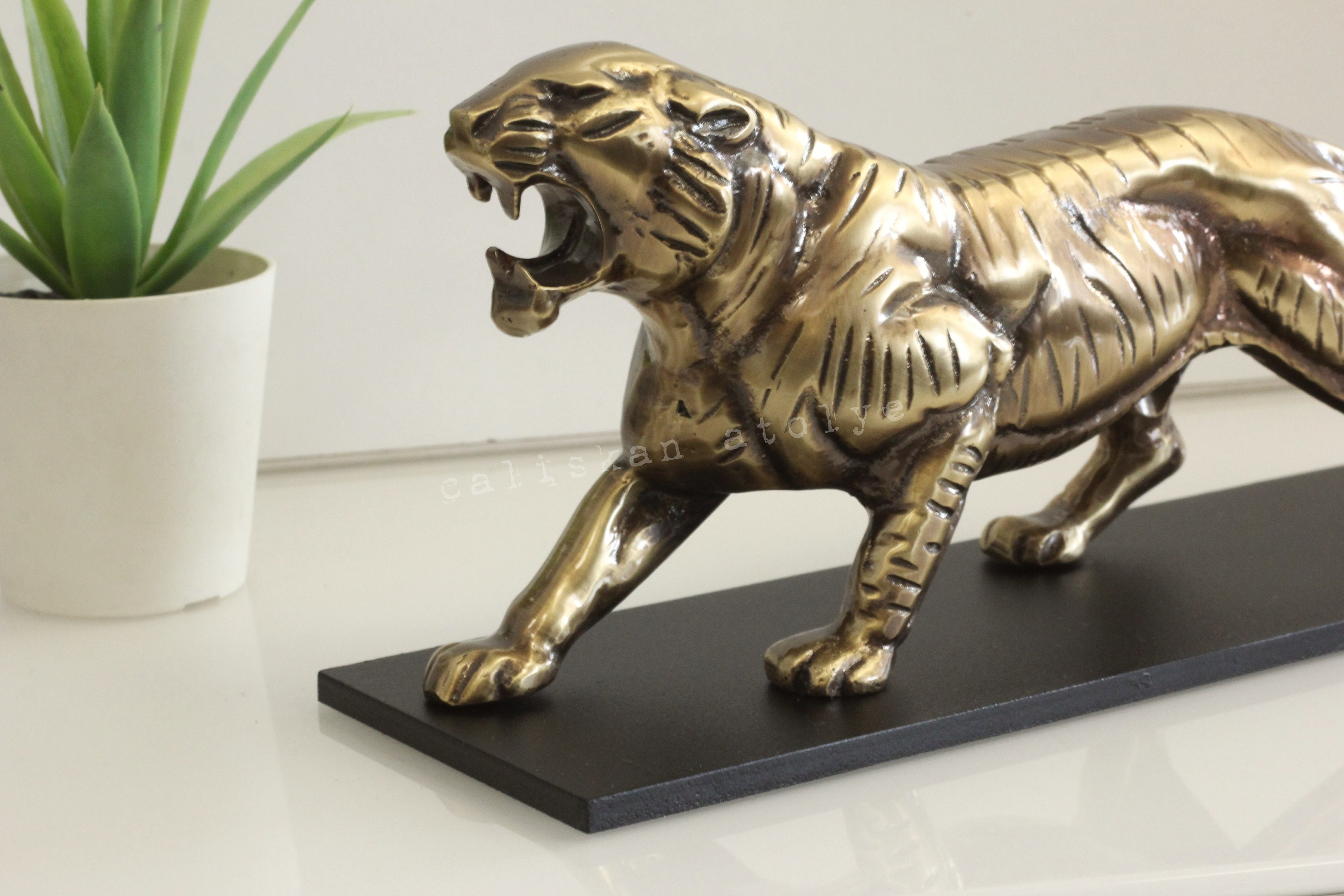 Brass Tiger Statue With Black Metal Stand, Metal Table Decor,bold ...