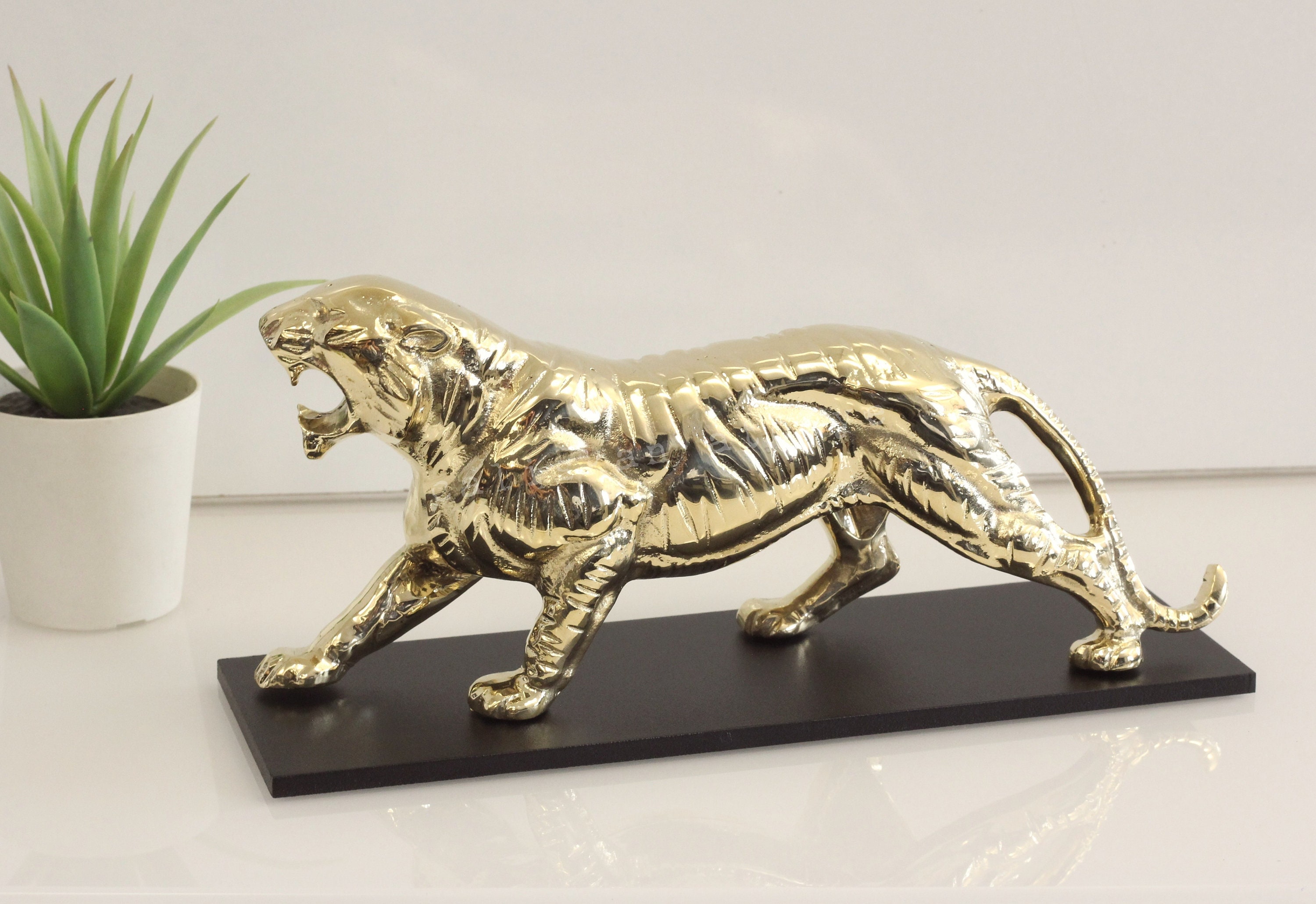 Brass Tiger Statue With Black Metal Stand: Tabletop Animal Sculpture - Etsy