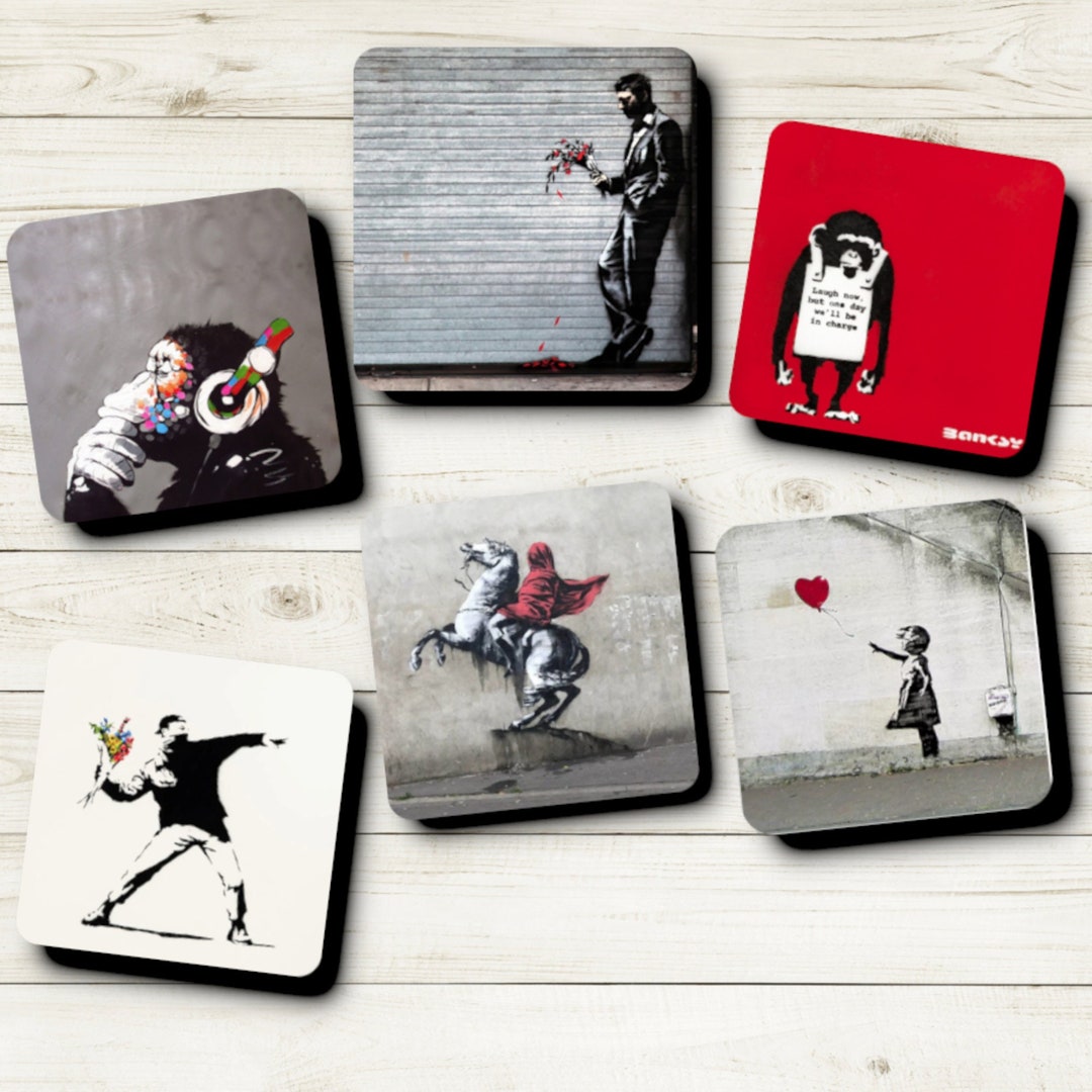 Banksy Inspired 6 Coaster Set, Street Graffiti, Funky Art, Cool Barware ...