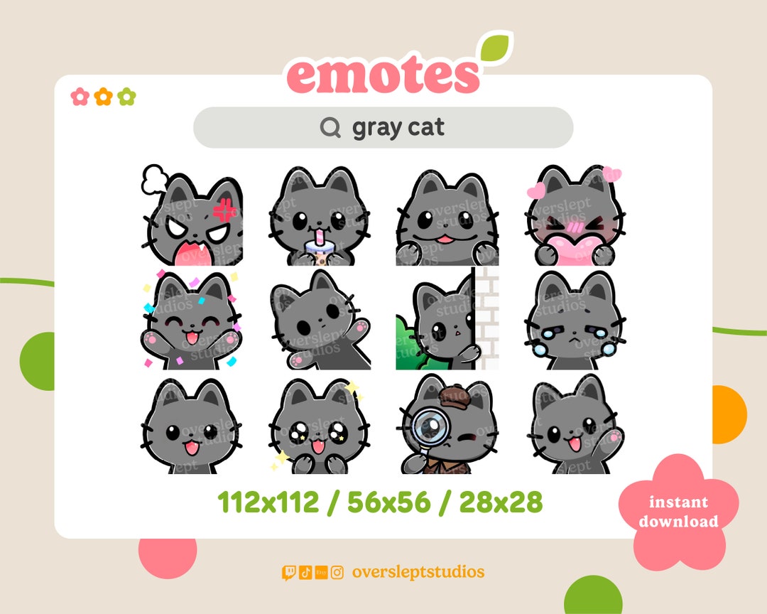12 Gray Cat Emotes Pack for Twitch and Discord, Cat Twitch Emotes, Cat ...