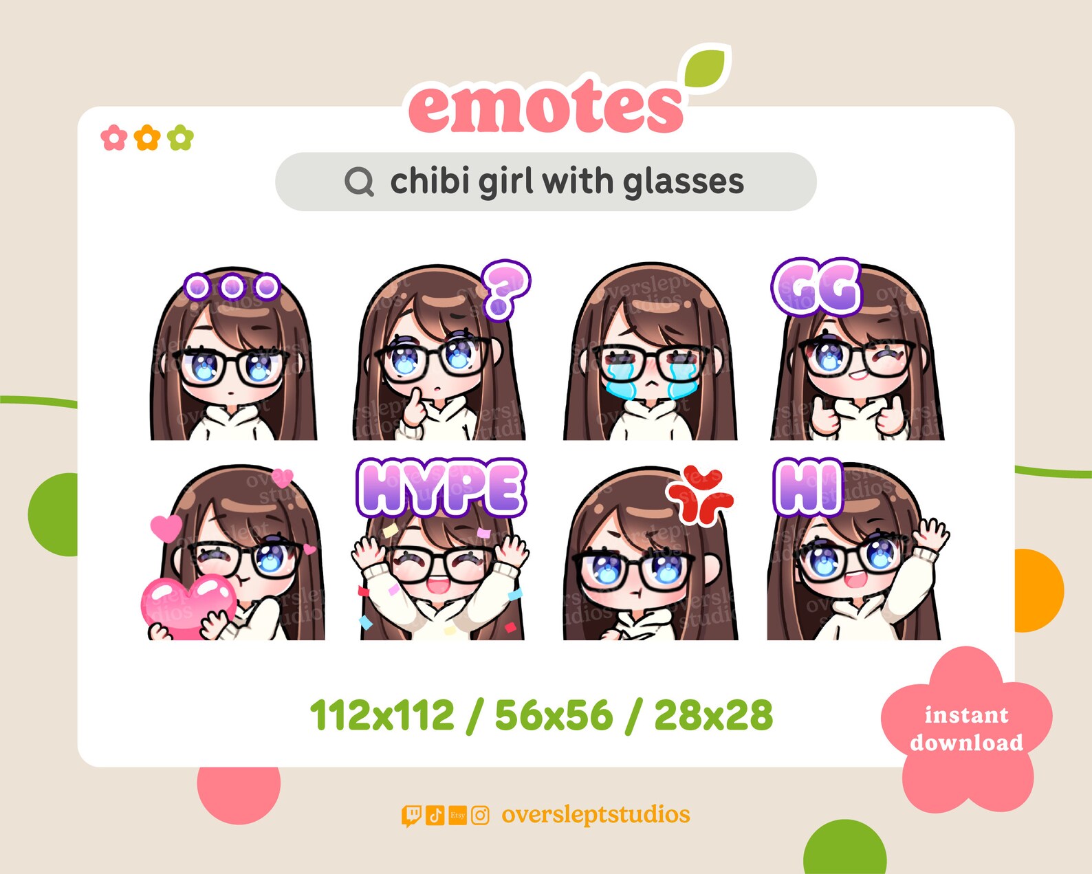 8 emote di Chibi Girl con capelli castani e occhi azzurri carini per ...