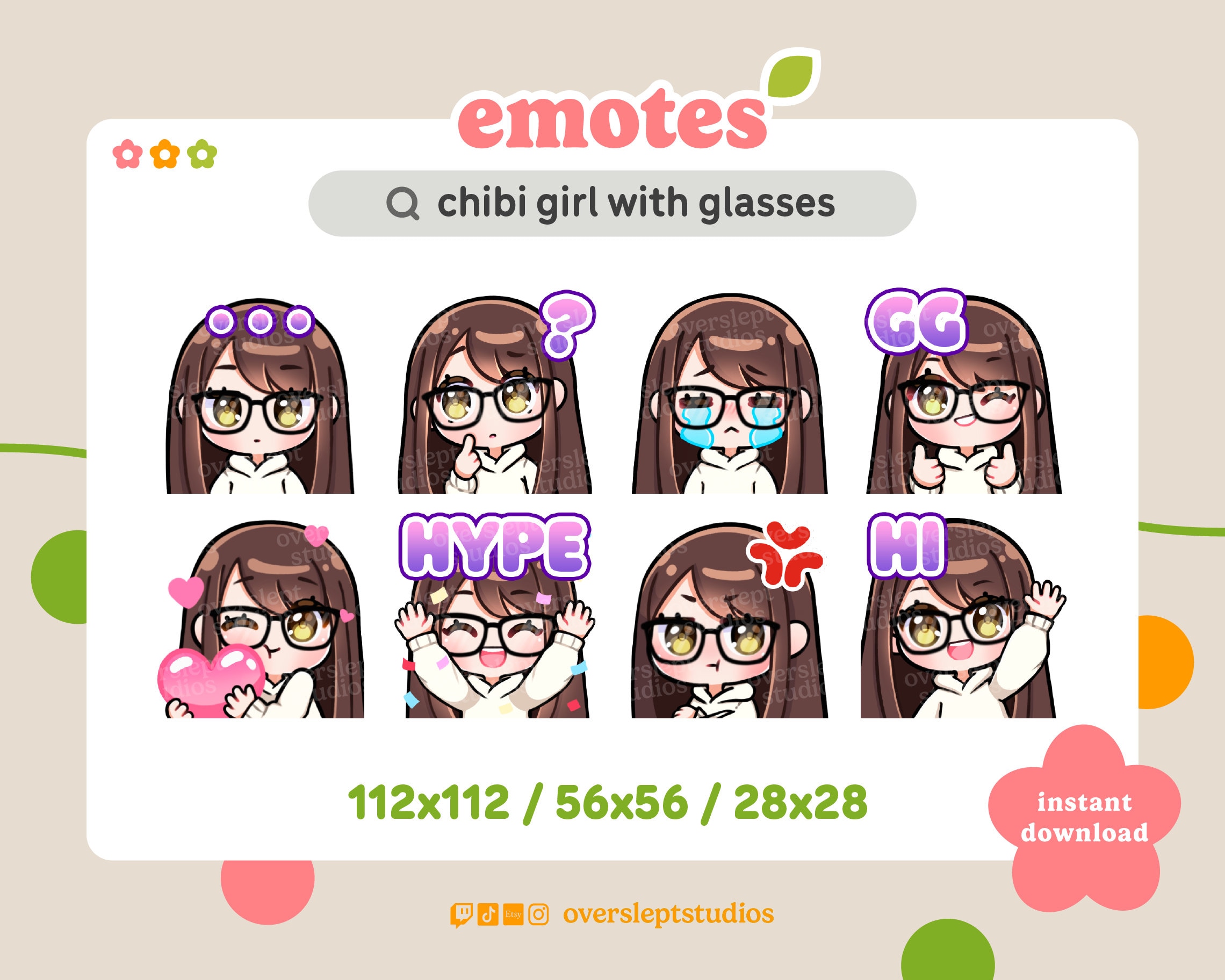 8 Cute Brown Hair Hazel Eyes Chibi Girl Emotes for Twitch & Discord ...