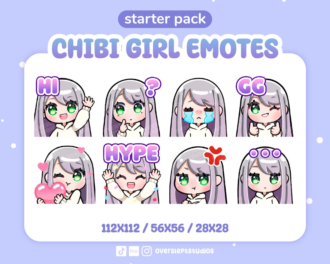Silver Hair Green Eyes Cute Chibi Girl Emotes for Twitch & Discord - Etsy