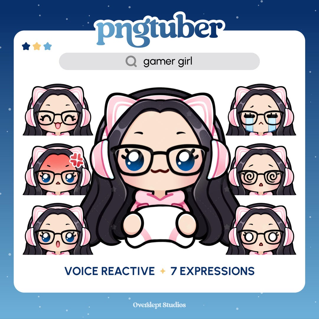 Gamer Girl Pngtuber | Black Hair Blue Eyes | Premade Pngtuber ...