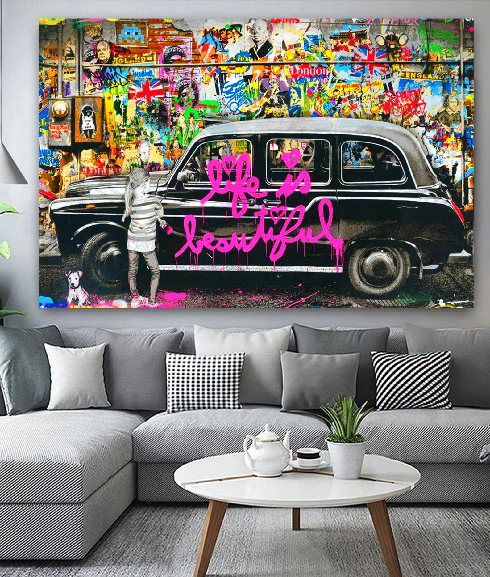 Life is Beautiful Black Taxi Graffiti Canvas Wall Art 30mm - Etsy UK