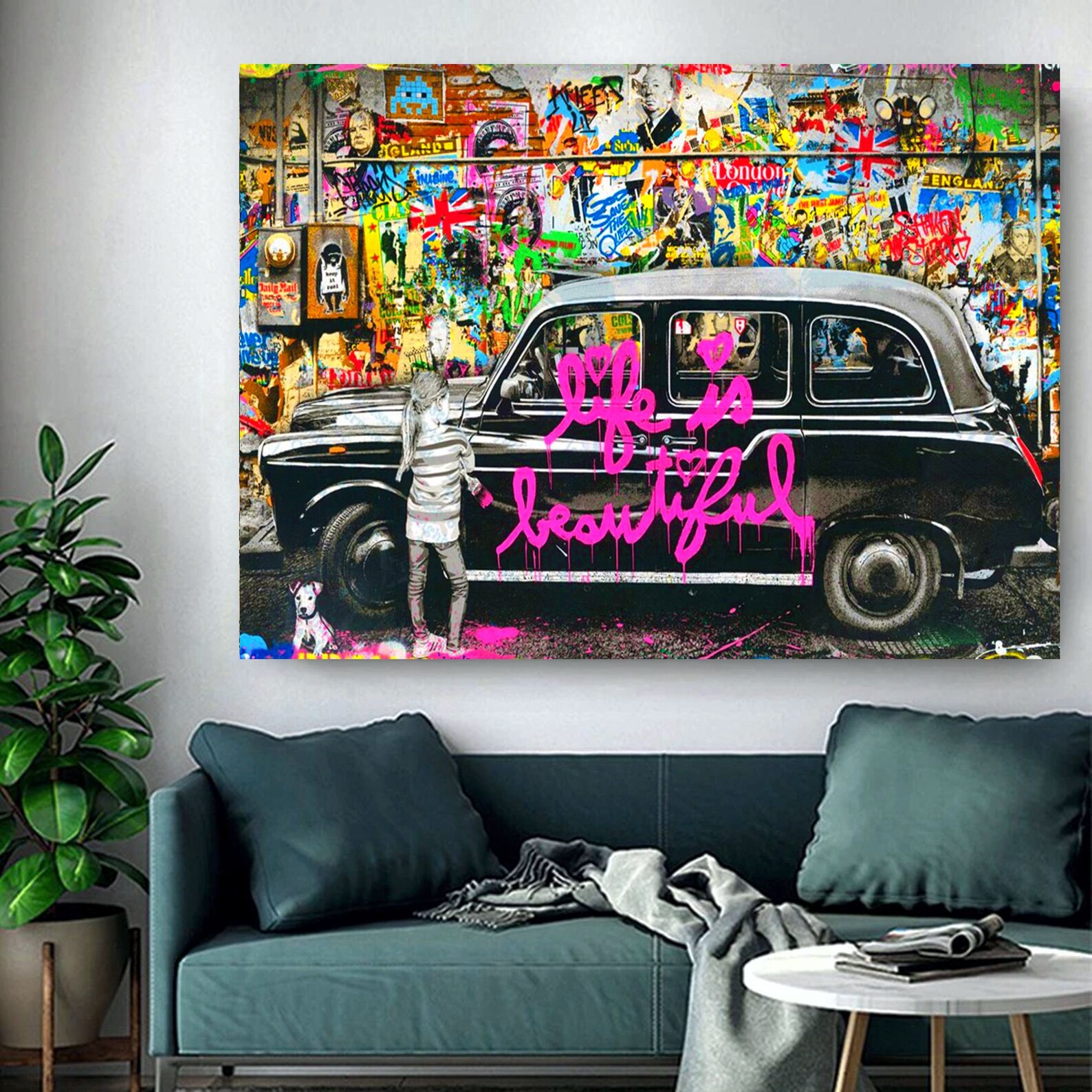 Life is Beautiful Black Taxi Graffiti Canvas Wall Art 30mm - Etsy UK