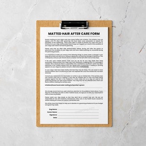 Matted Hair After Care Dog Grooming Release Form | After Care Dog ...