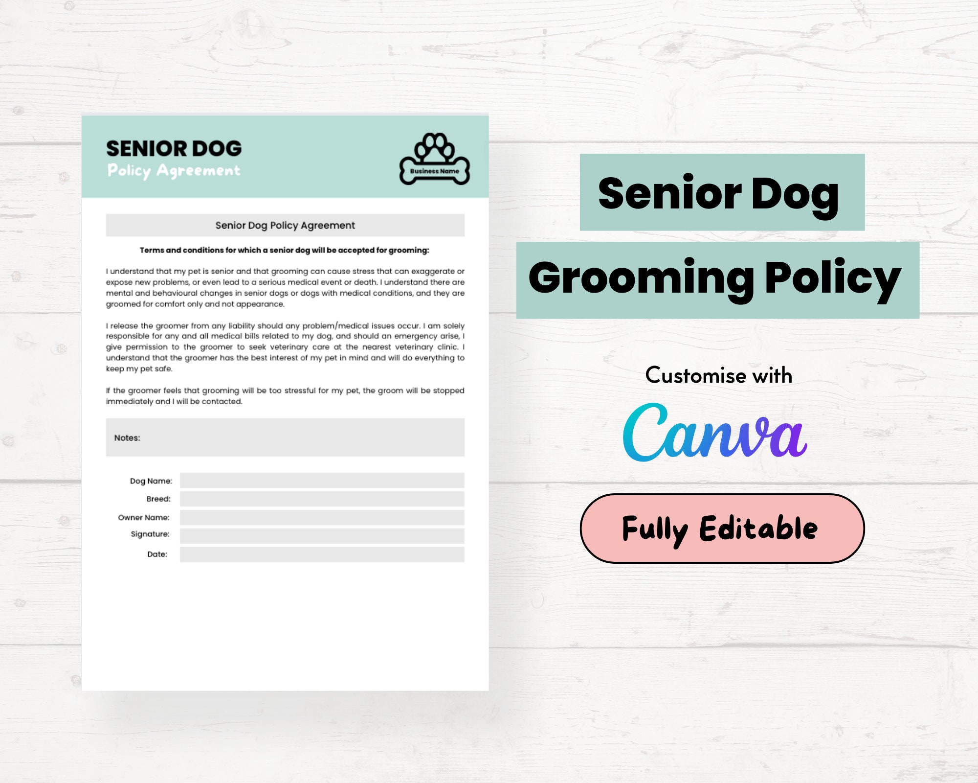 Senior Dog Grooming Consent Form | Elderly Dog Medical Release Form ...