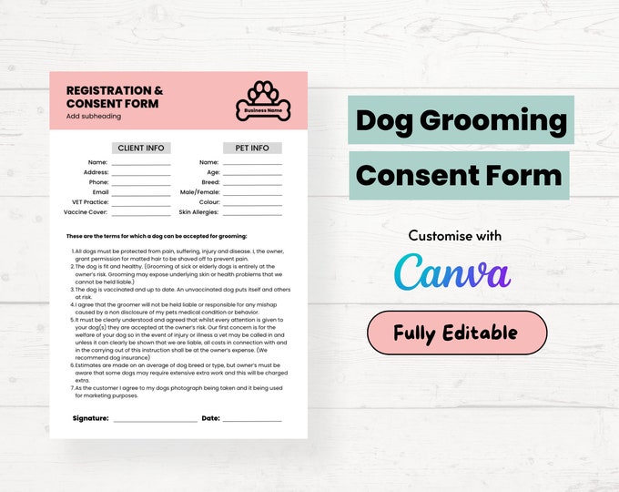 Dog Grooming Registration and Consent Form | Printable Consent and Release Form | Printable Dog ...