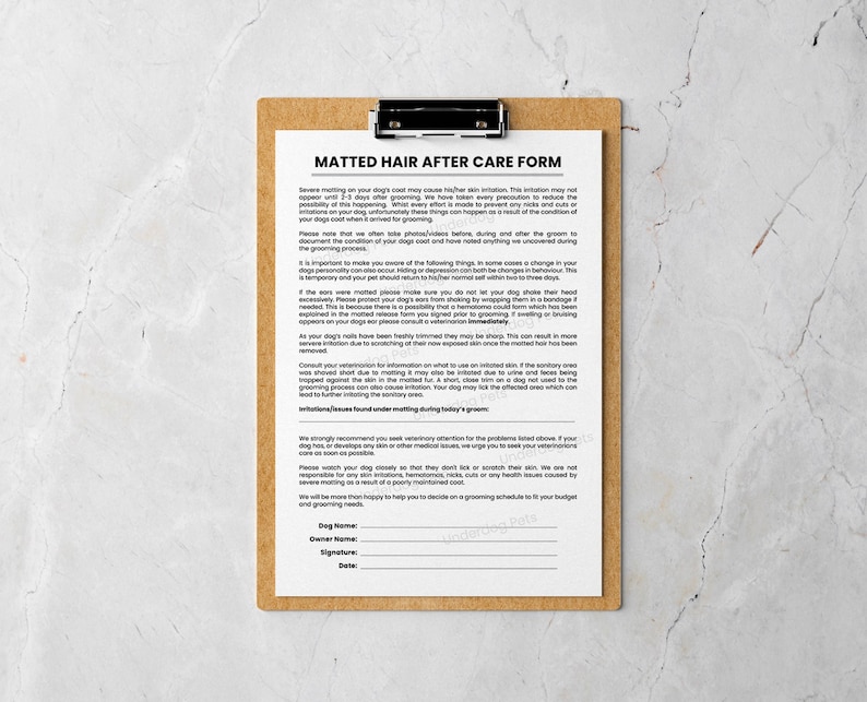 Matted Hair After Care Dog Grooming Release Form | After Care Dog ...