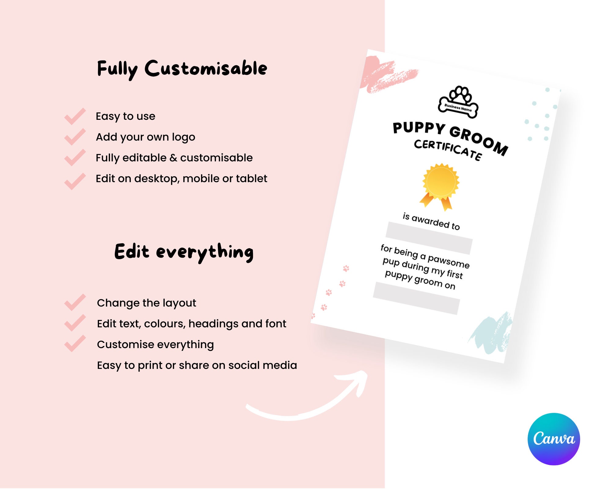 Puppy First Groom Certificate | Editable and Printable Dog Groomer ...
