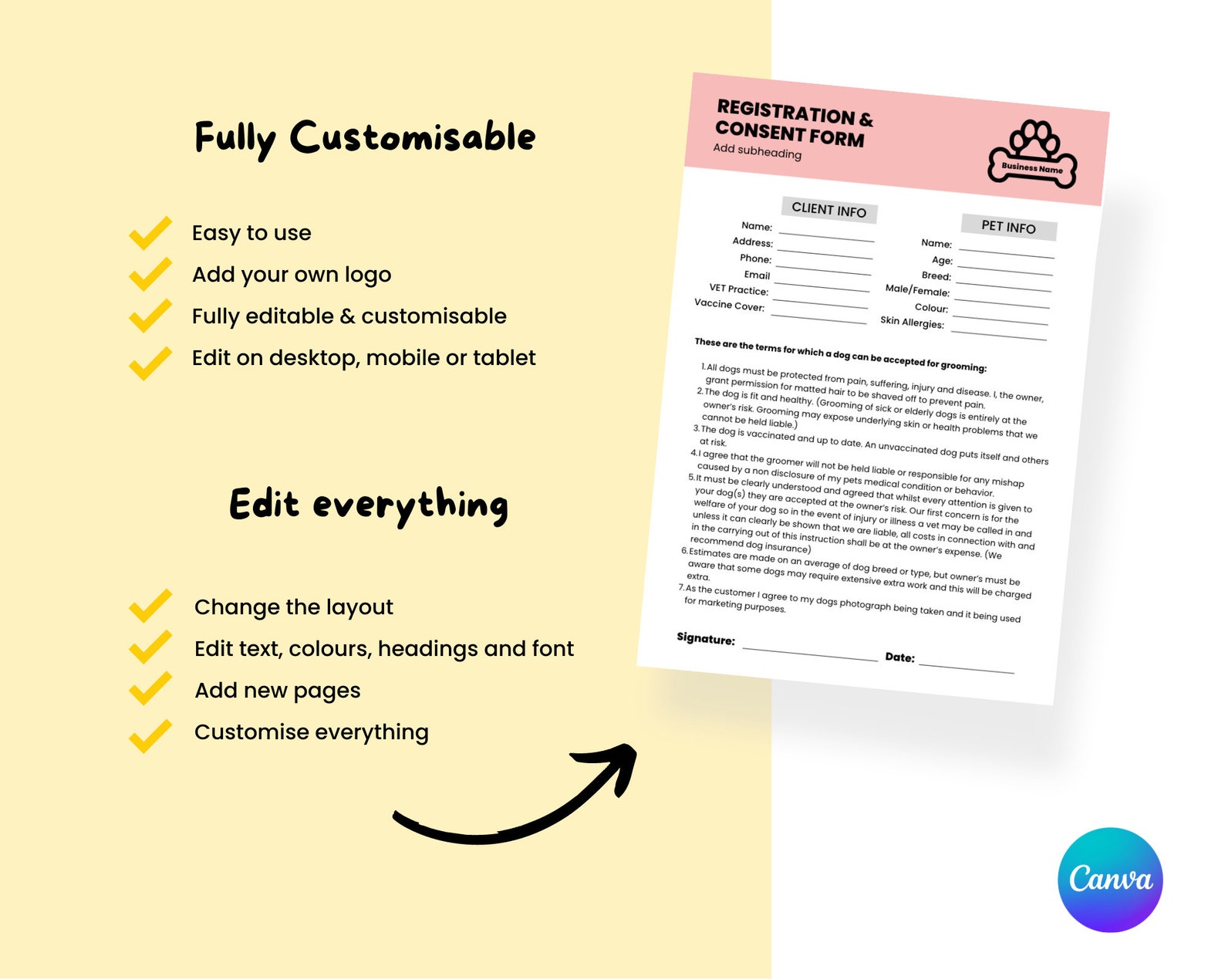 Dog Grooming Registration and Consent Form | Editable Registration and ...