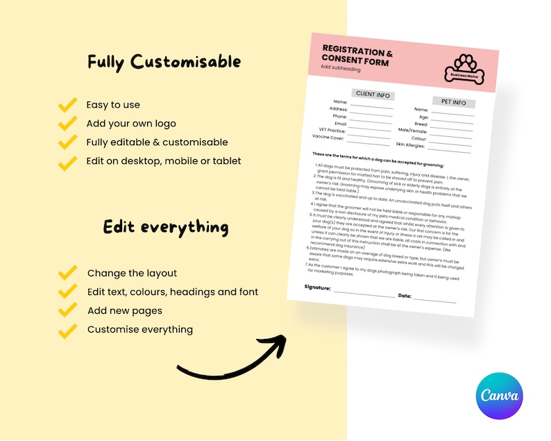 Dog Grooming Registration and Consent Form | Editable Registration and ...