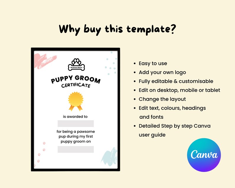Puppy First Groom Certificate | Editable and Printable Dog Groomer ...