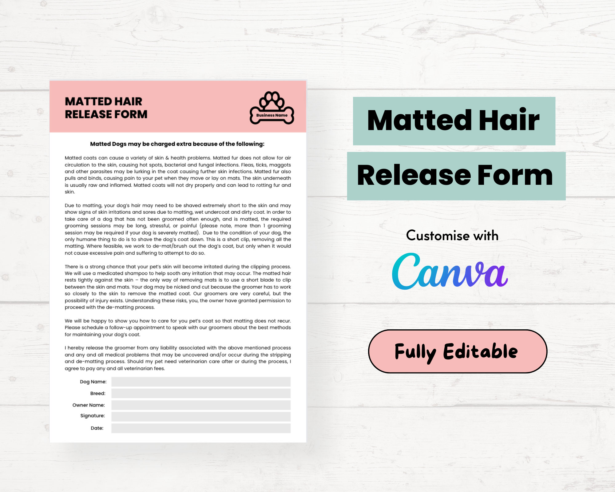 Dog Grooming Matted Hair Release Form | Editable Matted Hair Consent ...