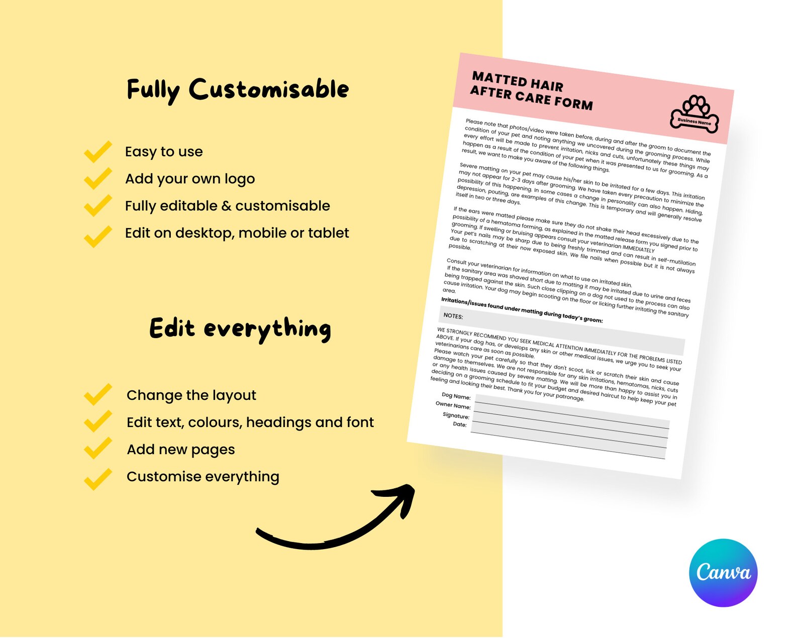 Dog Grooming After Care Matted Hair Release Form | Editable After Care ...