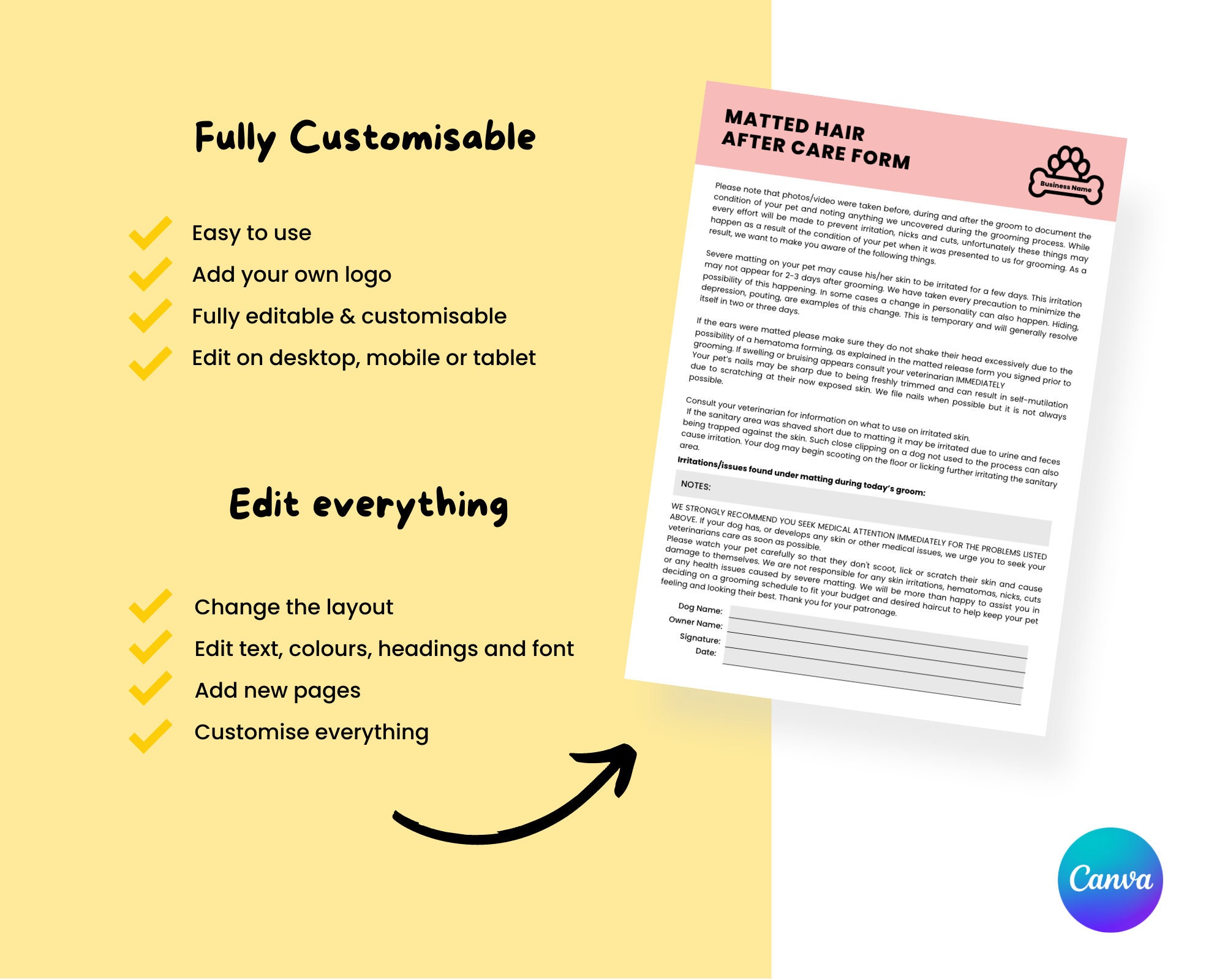 Dog Grooming After Care Matted Hair Release Form | Editable After Care ...