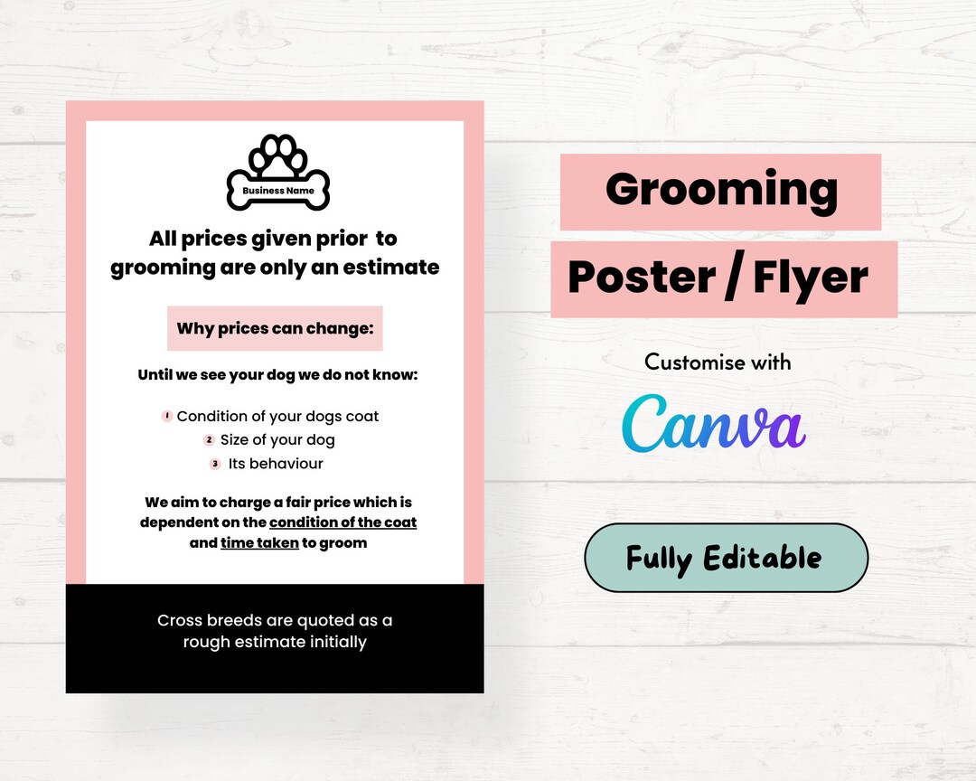 Dog Grooming Price Estimate Poster | Editable and Printable Dog Groomer ...