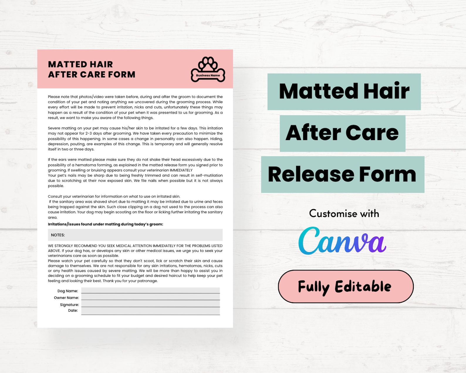 Dog Grooming After Care Matted Hair Release Form | Editable After Care ...