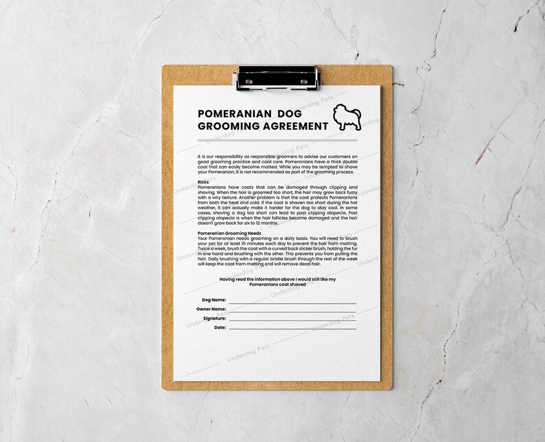 Pomeranian Grooming Agreement Form | Dog Grooming Waiver | Pomeranian ...