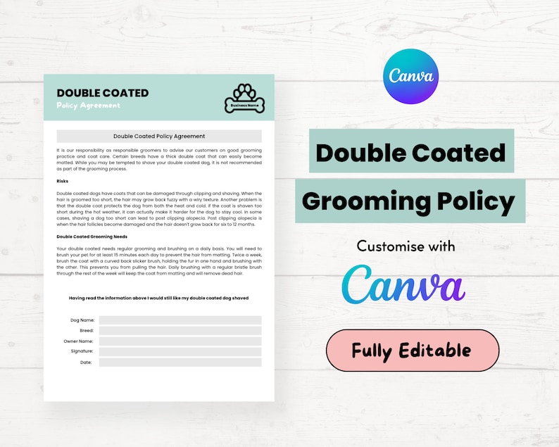 Doubled Coated Grooming Agreement Form Dog Grooming Waiver Double ...