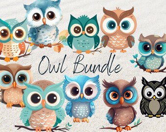 Cute Owl Watercolor PNG Clipart Bundle, Baby Owl Birthday Invitation ...