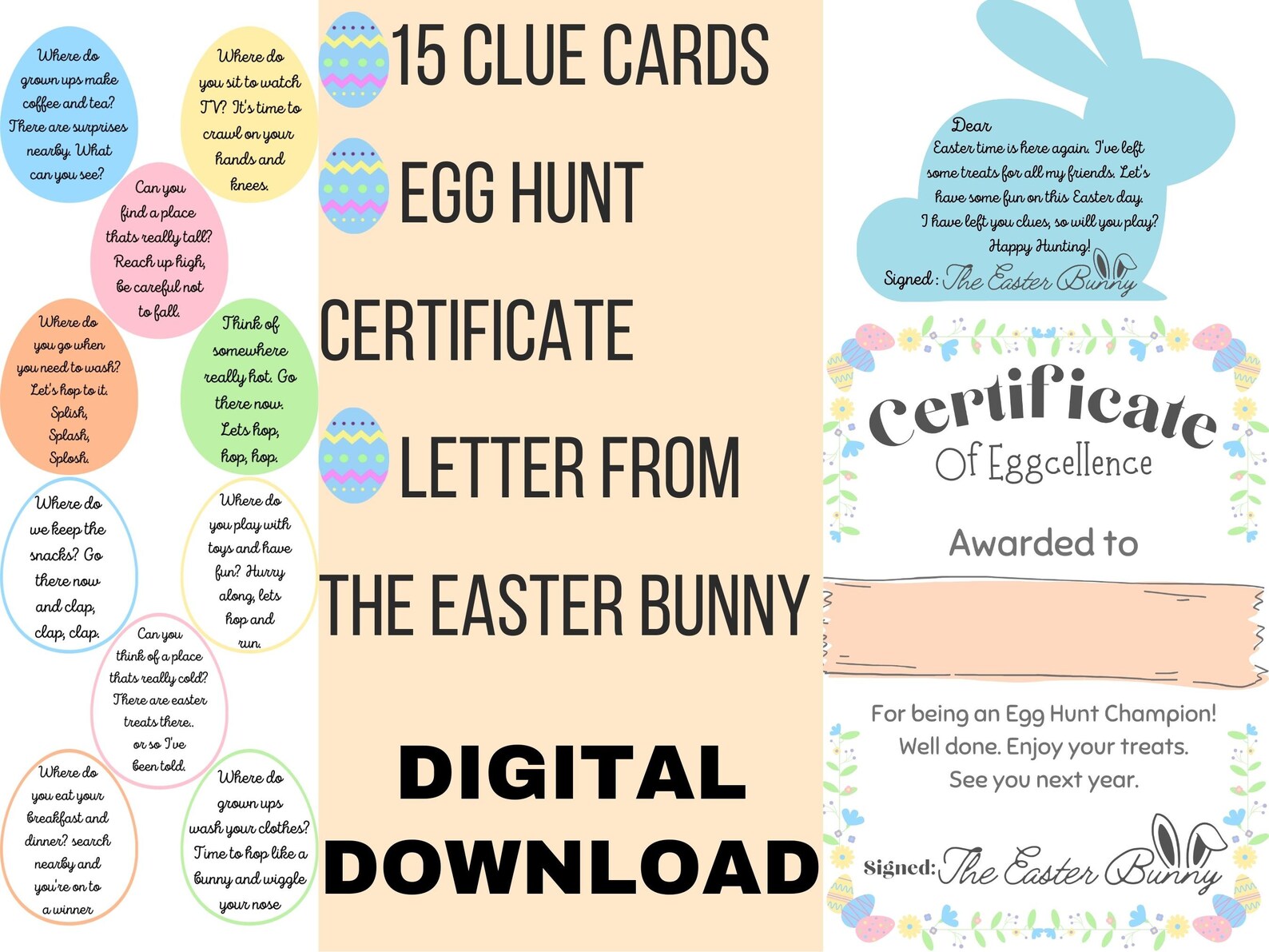 Easter Egg Hunt Set, Clue Cards, Easter Certificate, Easter Bunny ...