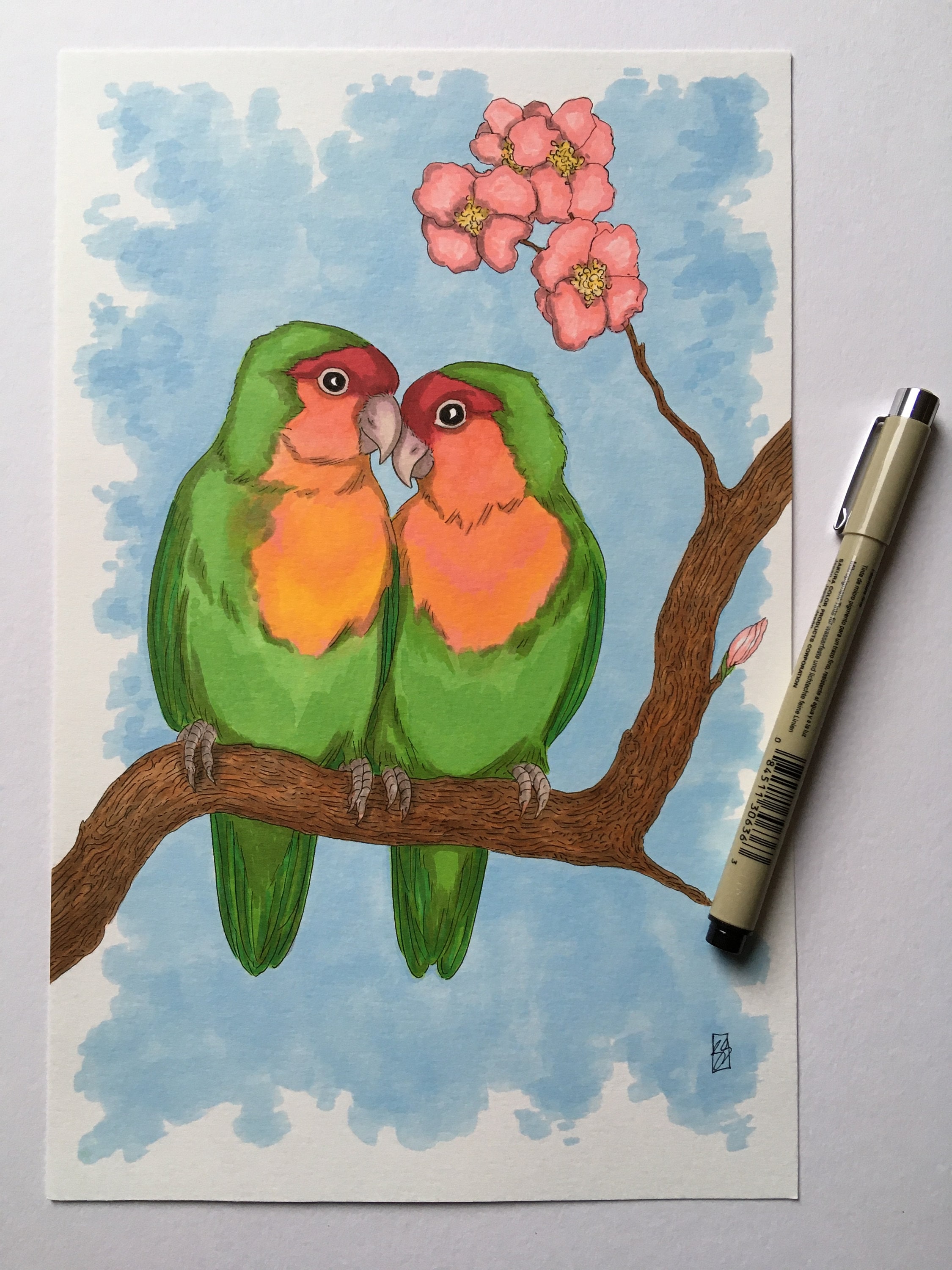 Original Artwork Lovebirds Drawing Bird Art Wildlife Illustration ...