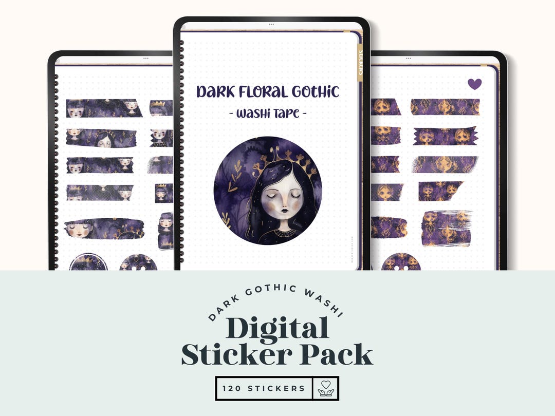 Gothic Digital Stickers | Dark Floral Washi Tapes | 120 Digital ...