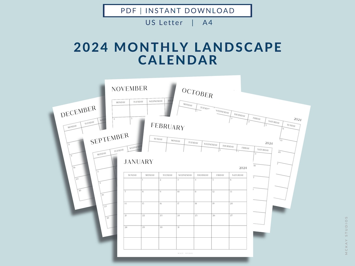 2024 Monthly Printable Landscape Calendar Monthly Planner Wall Calendar ...