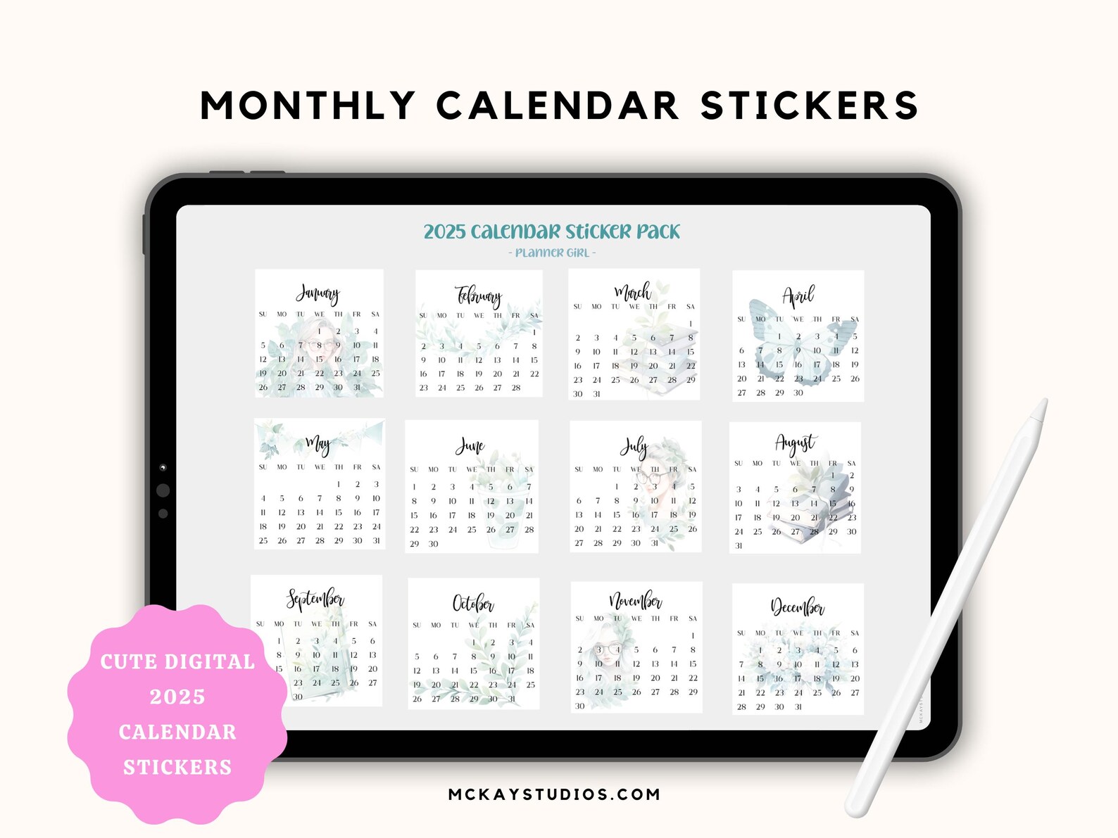 2025 Digital Calendar Stickers Planner Girl Digital Calendar Monthly ...