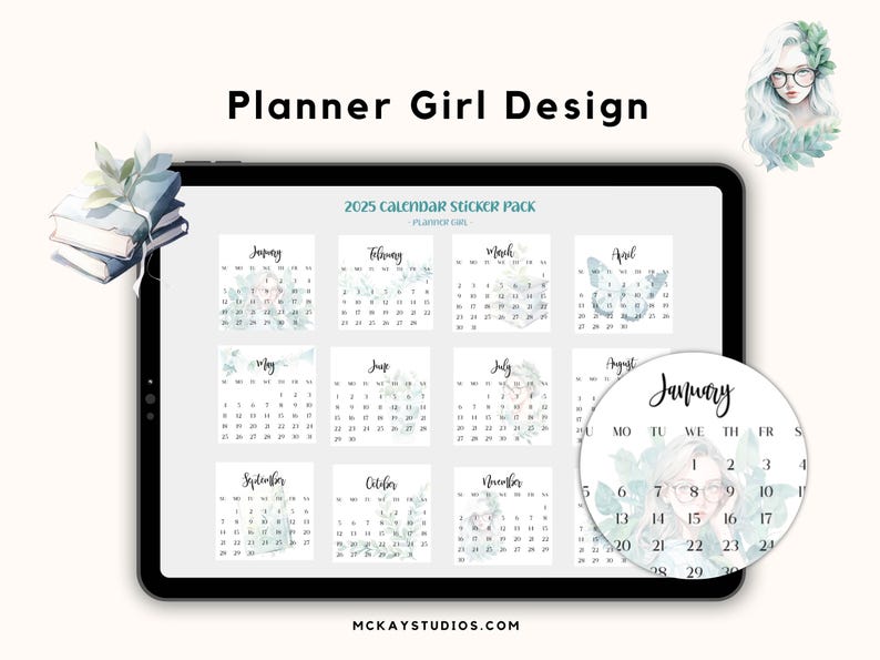 2025 Digital Calendar Stickers Planner Girl Digital Calendar Monthly ...