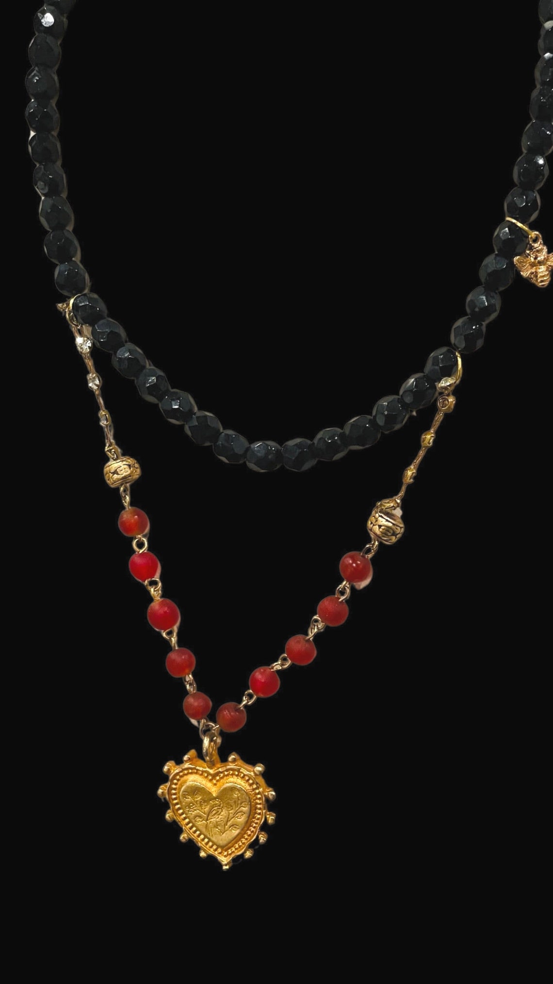 Antique Jet Bead Choker: Upcycled Red Glass Beads, Heart Pendant - Etsy