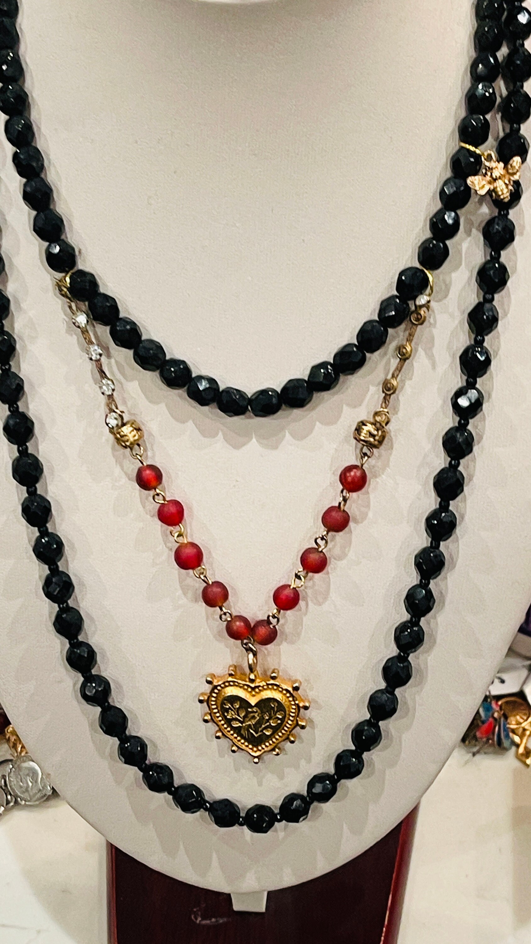 Antique Jet Bead Choker: Upcycled Red Glass Beads, Heart Pendant - Etsy