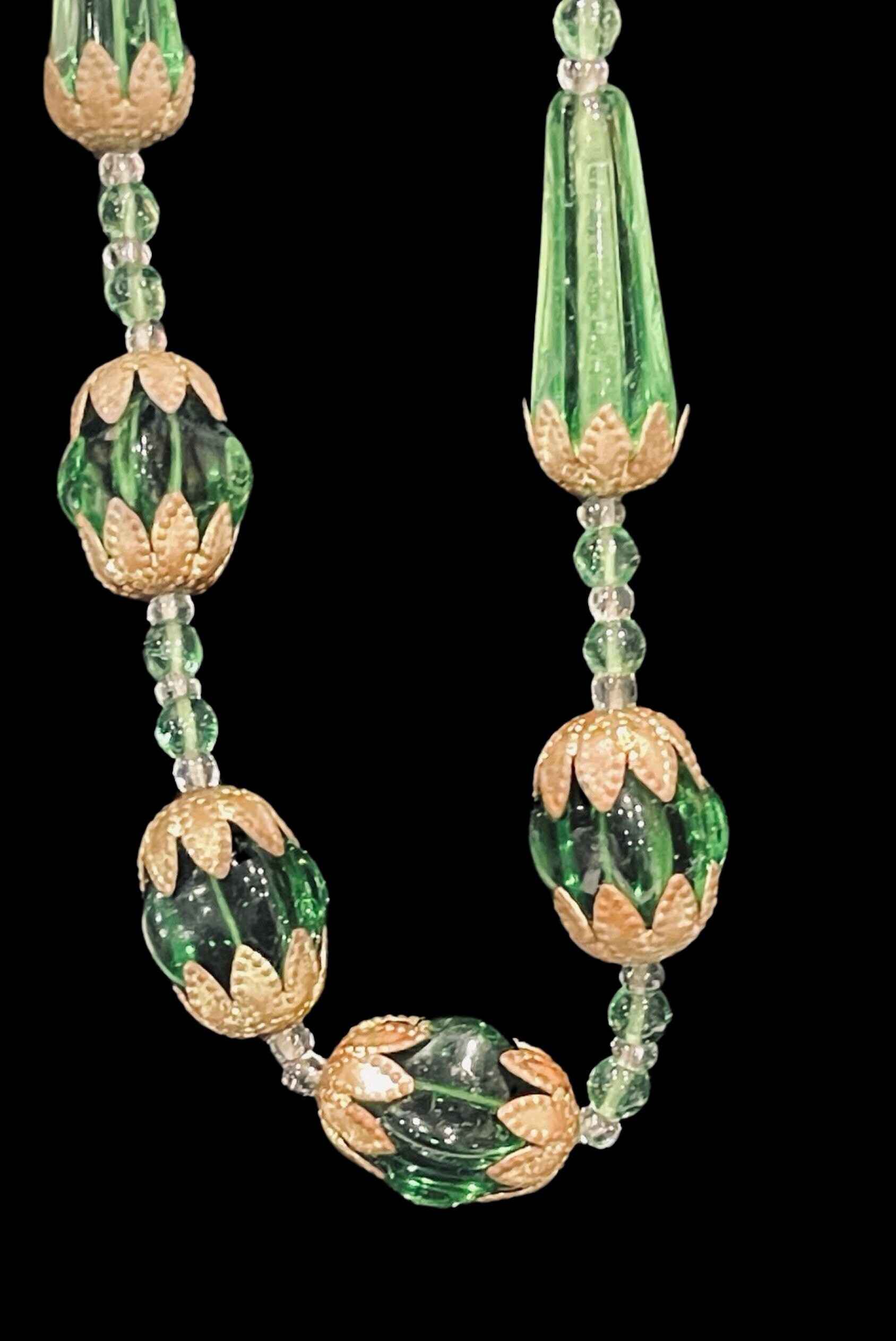 WEST GERMANY Antique Strand of Beads Focusing on Green Stones, Many of ...