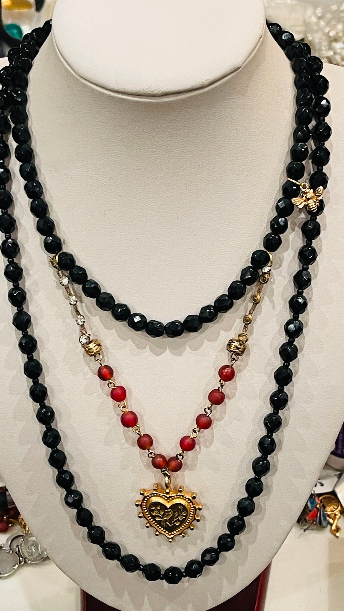 Antique Jet Bead Choker: Upcycled Red Glass Beads, Heart Pendant - Etsy