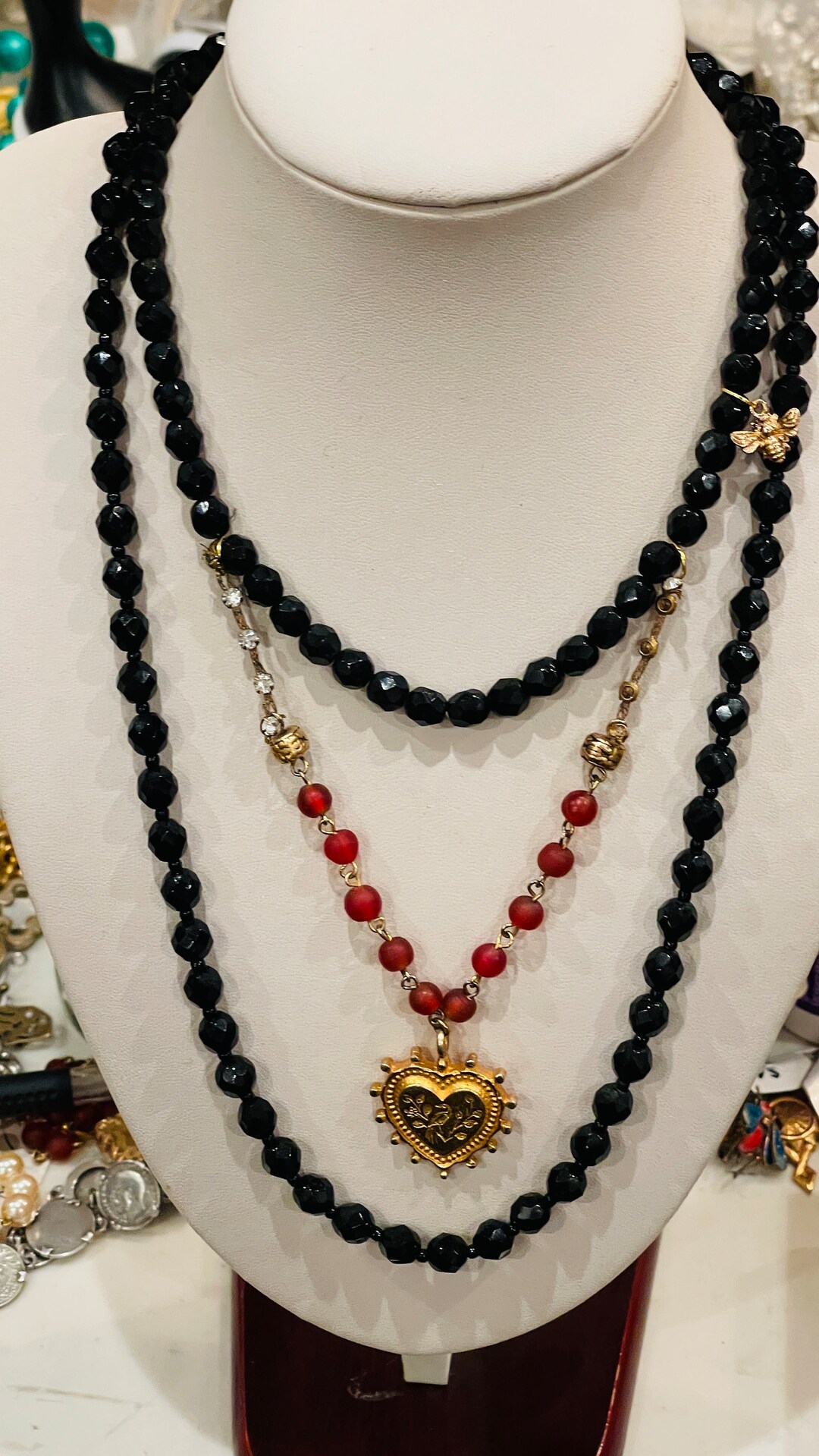 Antique Jet Bead Choker: Upcycled Red Glass Beads, Heart Pendant - Etsy