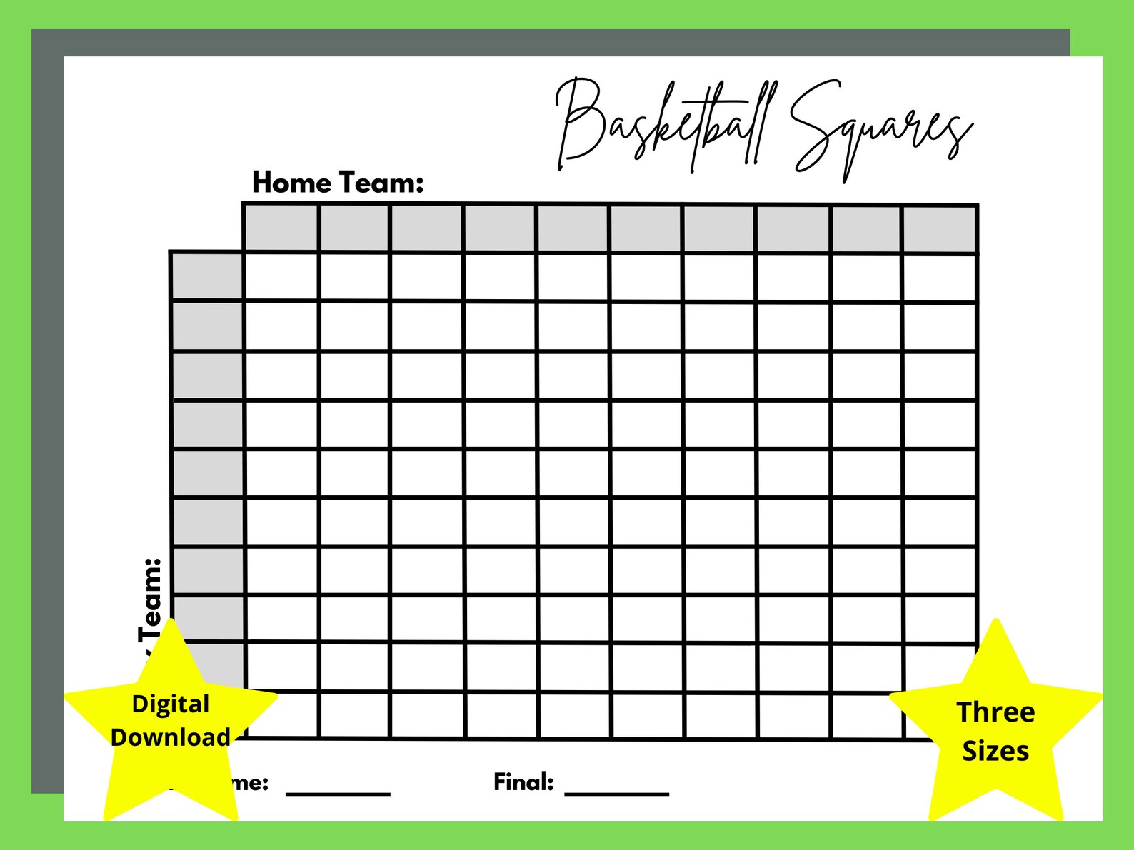 Printable Basketball Squares Digital Download 3 Sizes Family Game