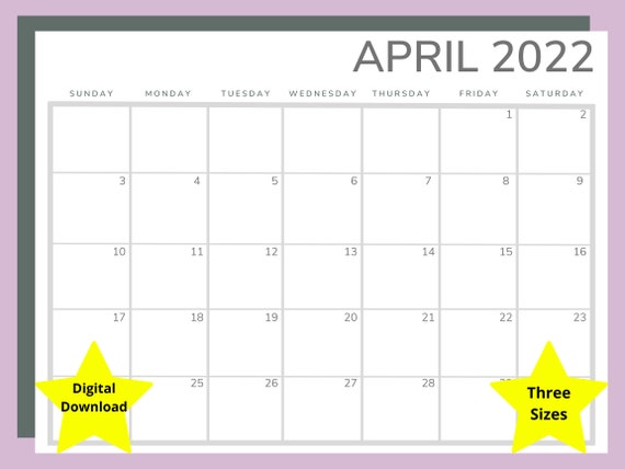 Paper Paper & Party Supplies April Printable Blank Calendar Digital ...